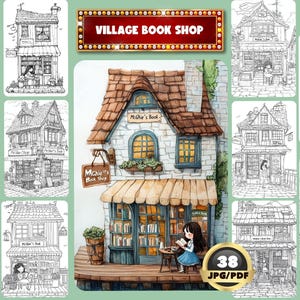 Village Book Shop Coloring Book, Digital Coloring, House Coloring, Book ...