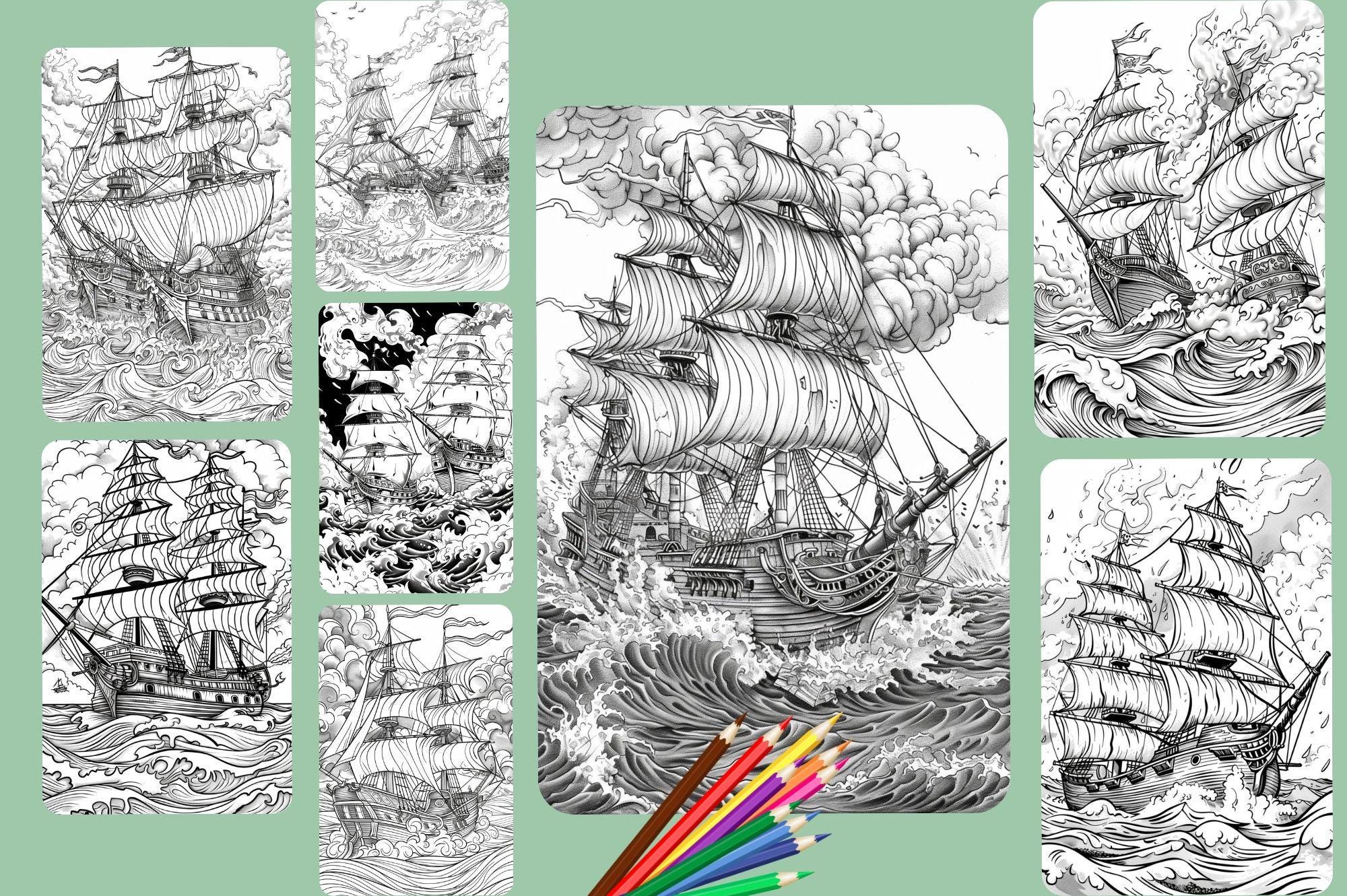 Pirate Ship Battle Coloring Book: Grayscale Shipwreck (printable PDF ...