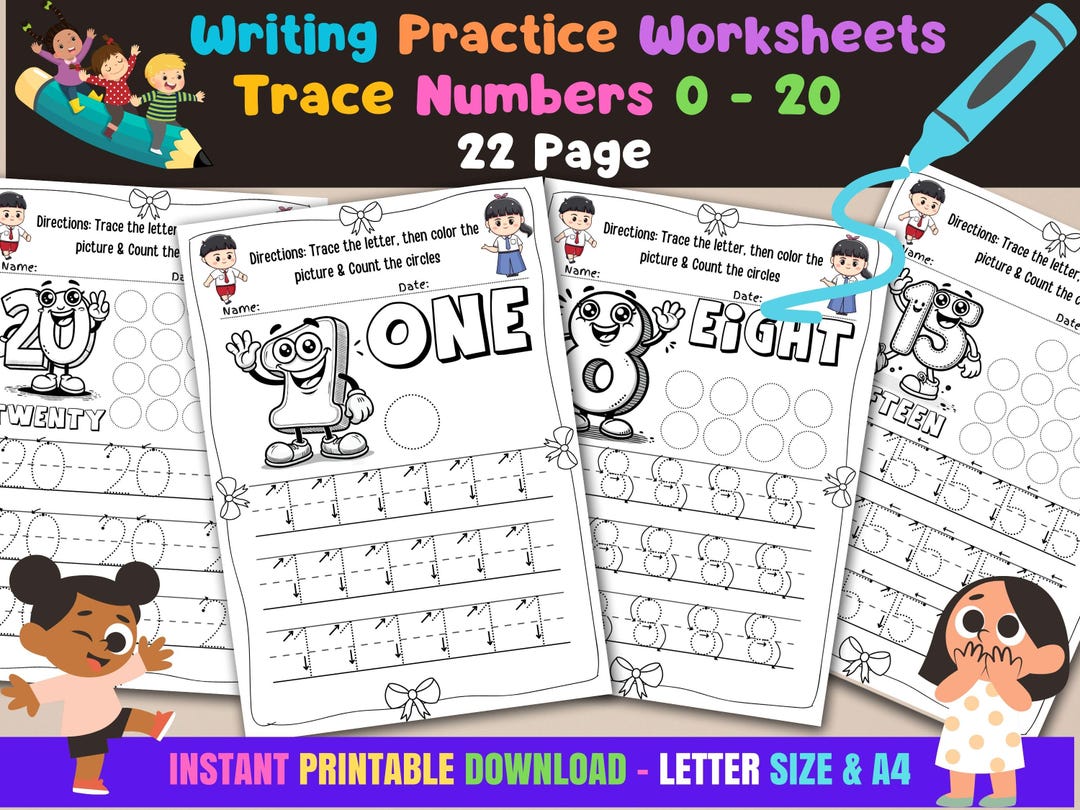 Trace Number 0-20 Worksheets Coloring, Fun Number Writing Practice ...