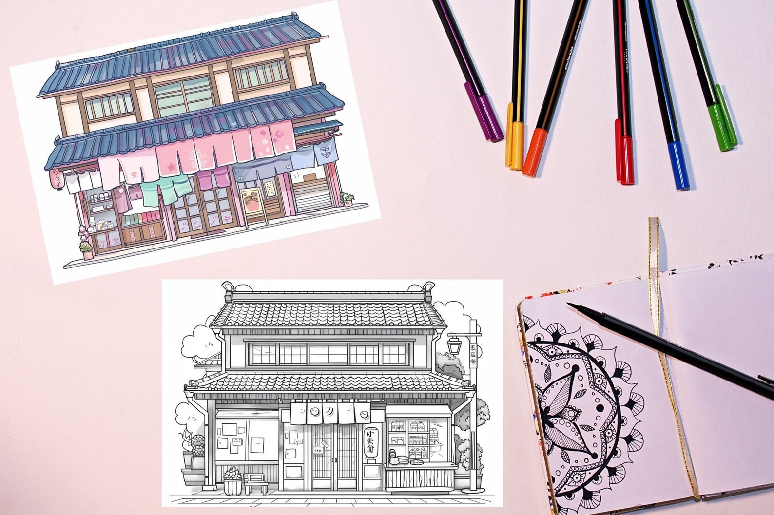 Japanese Restaurant Coloring Book: Grayscale Shopfronts (printable PDF ...