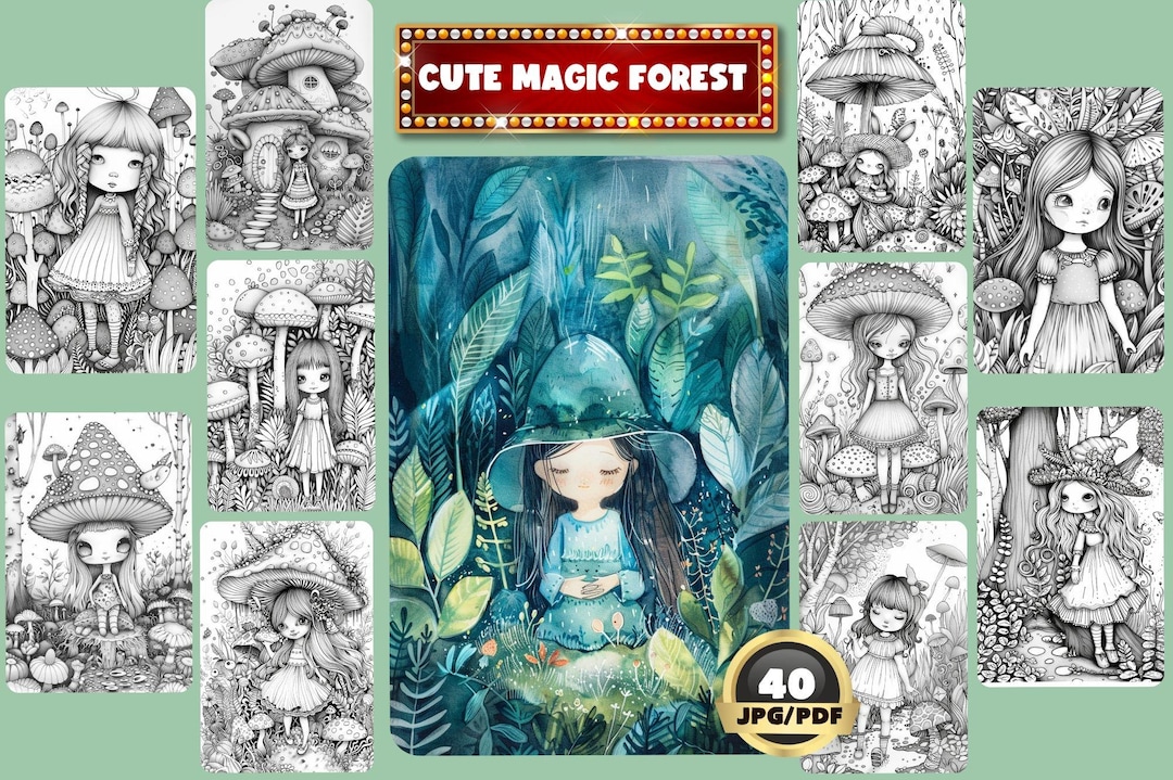 Cute Magic Forest Coloring Book Printable, Grayscale Coloring Digital ...