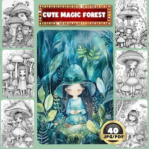 Cute Magic Forest Coloring Book Printable, Grayscale Coloring Digital ...
