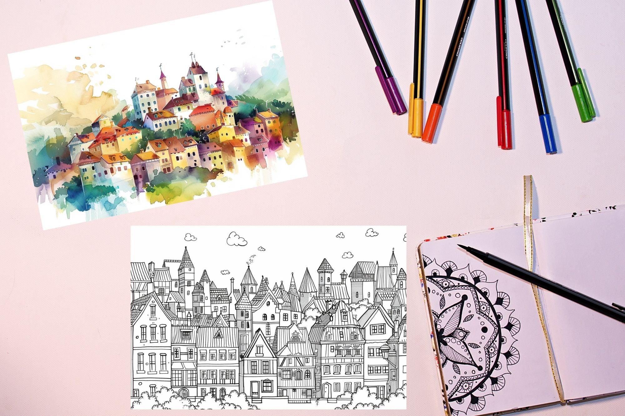 City Buildings Coloring Book, Printable PDF, Landscape Coloring, City ...