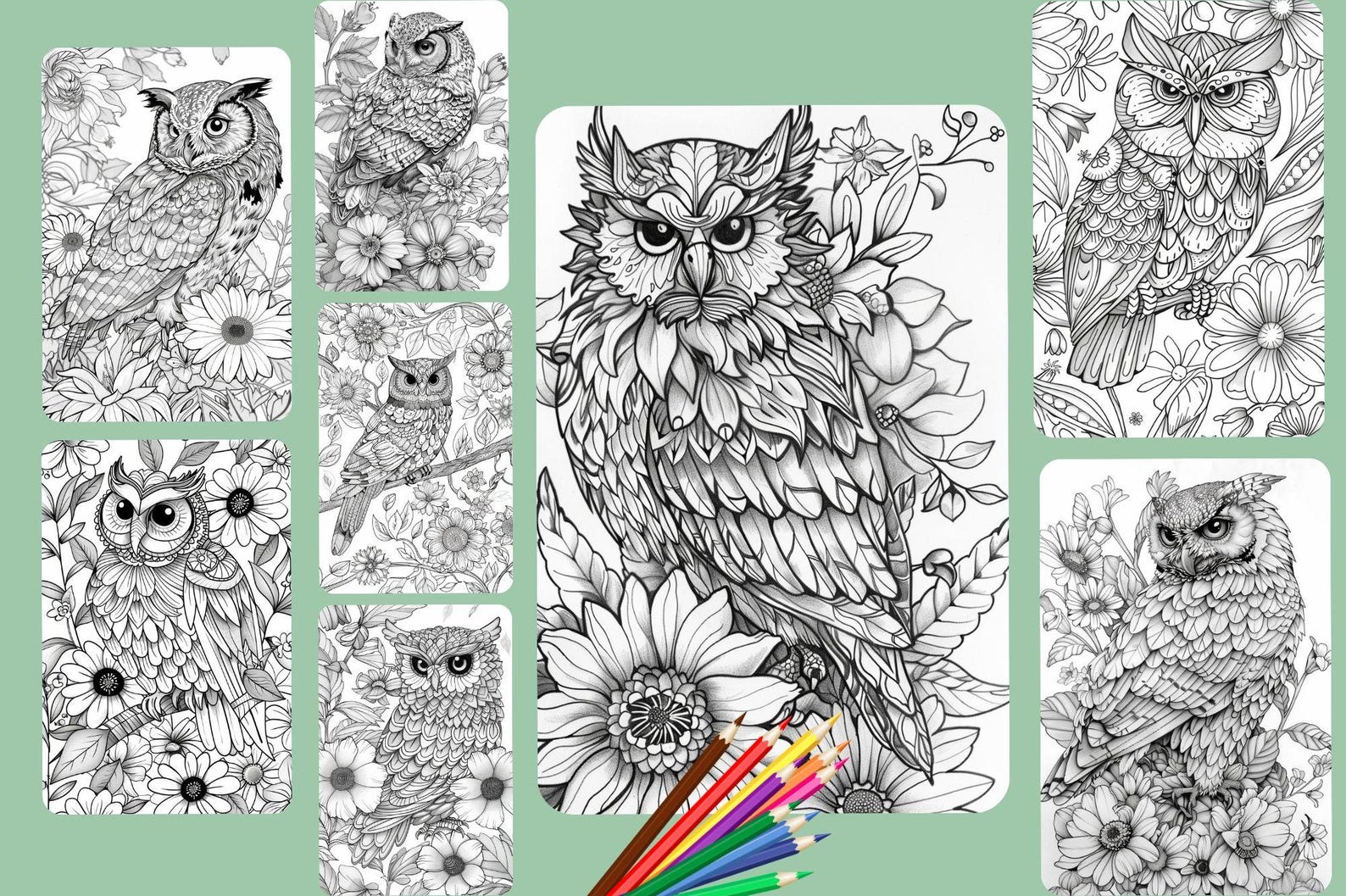 Fantasy Floral Owl Coloring Book: Grayscale Relaxing Art (printable PDF ...