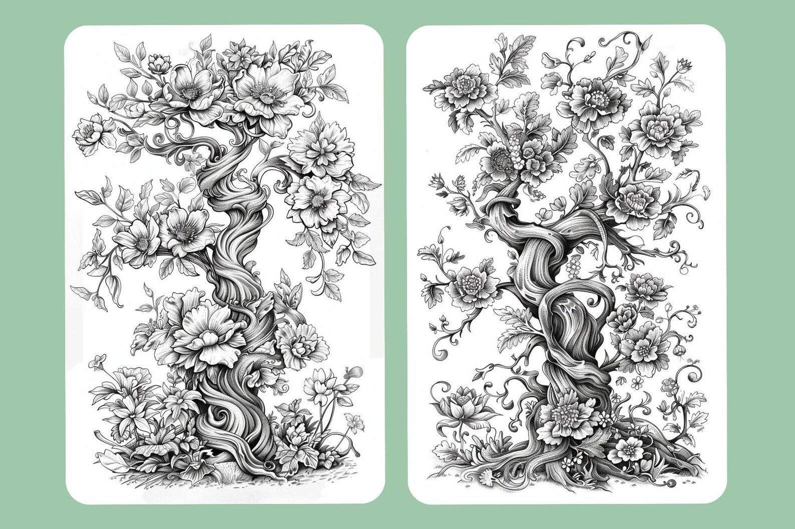Blooming Tree of Life Coloring Book: Fantasy Floral Grayscale ...