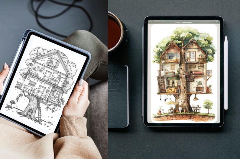 Tree House Cross Section Coloring Book: Fantasy Grayscale (printable ...