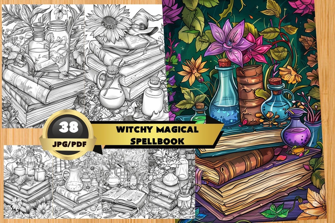 Witchy Magical Spellbook Coloring Pages, Adult and Kids Coloring Book ...