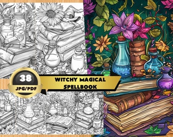 50 Magical Spellbook Coloring Pages Adult and Kids Coloring Book ...