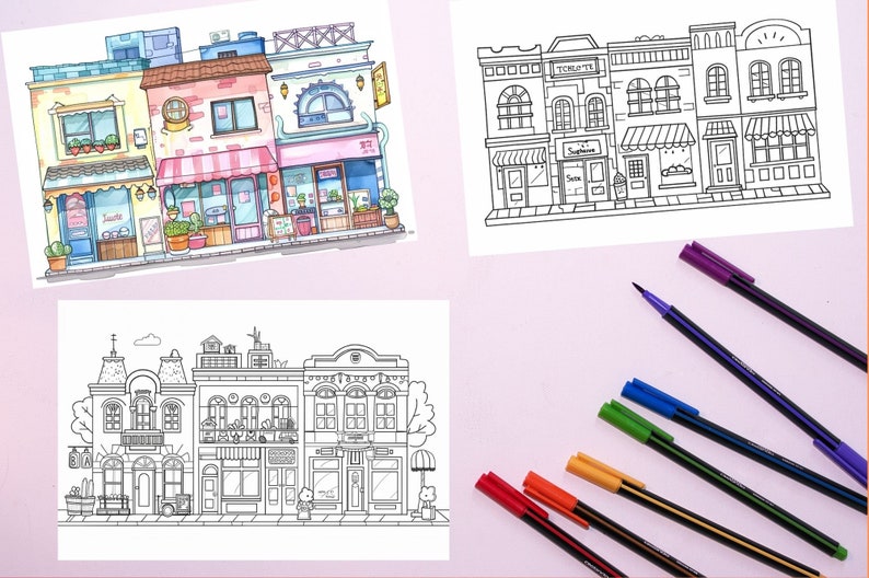 Kawaii Town Storefronts Coloring Book: Cartoon Shop Pages (printable ...