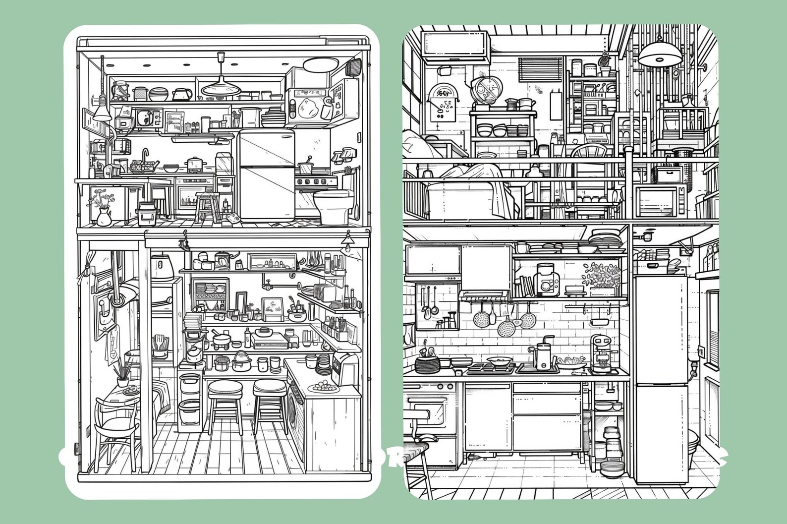 Japanese Restaurant Cross Section Coloring Book: Grayscale Interior ...