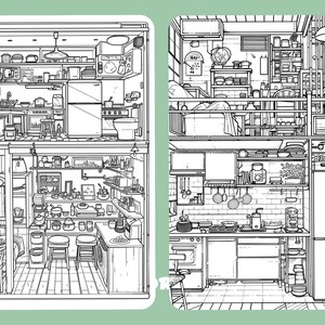 Japanese Restaurant Cross Section Coloring Book: Grayscale Interior ...