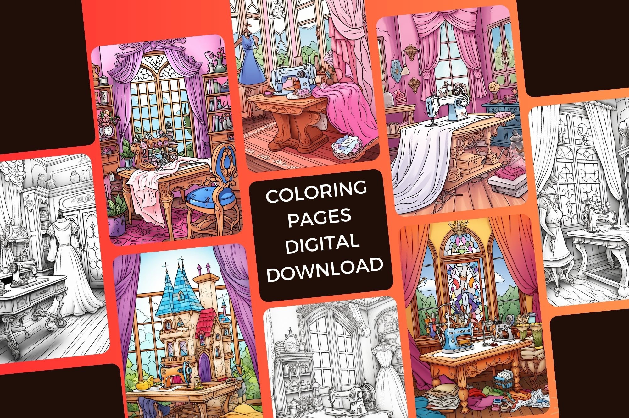 Vintage Style Sewing Studio Coloring Page, Interior Design Coloring ...