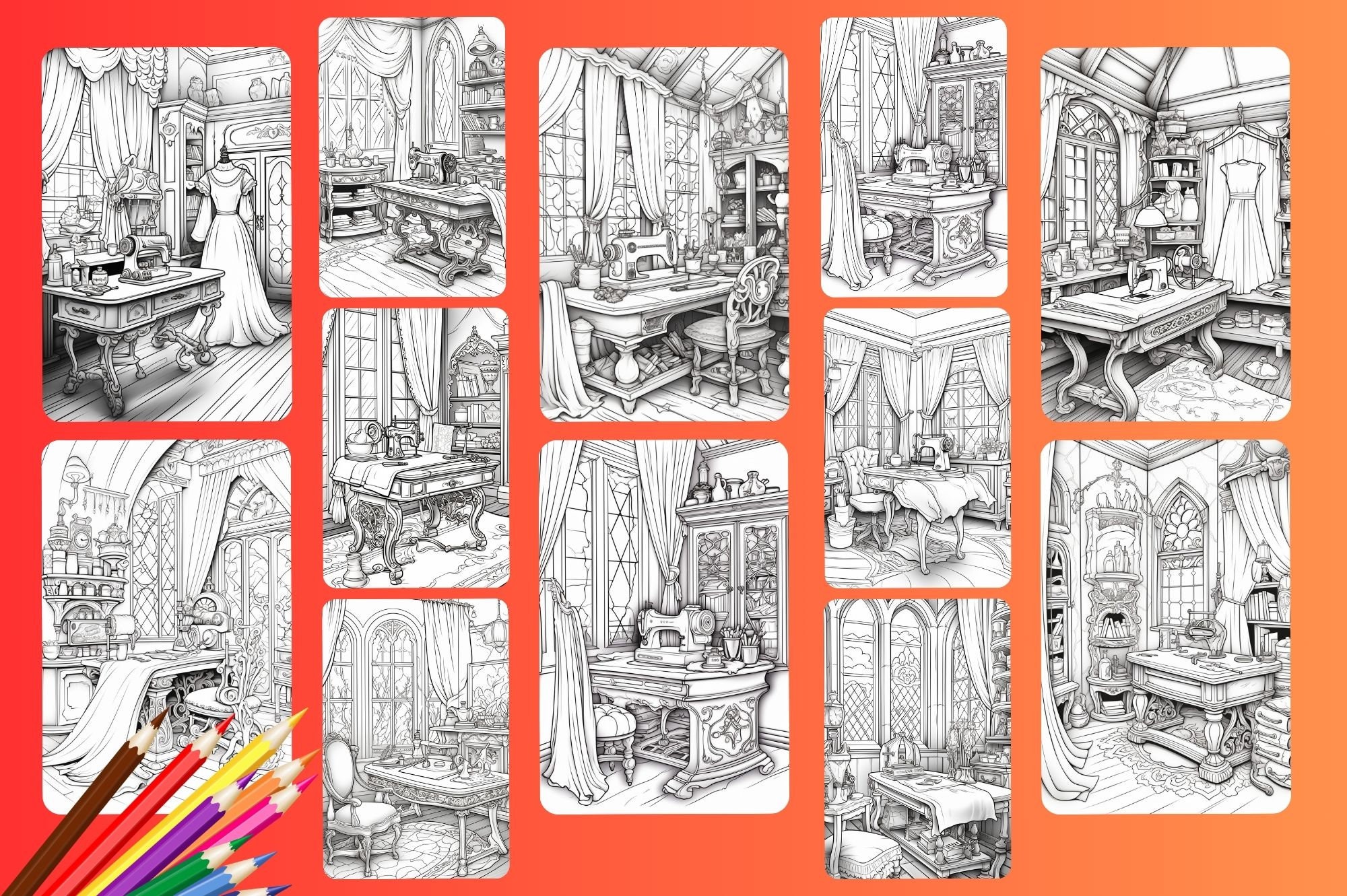 Vintage Style Sewing Studio Coloring Page, Interior Design Coloring ...