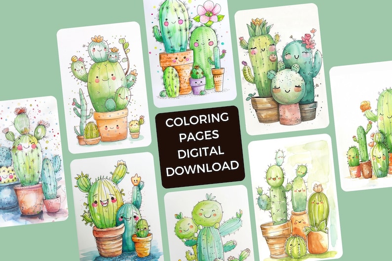 Kawaii Cactus Family Coloring Book: Relaxing Grayscale Doodle ...
