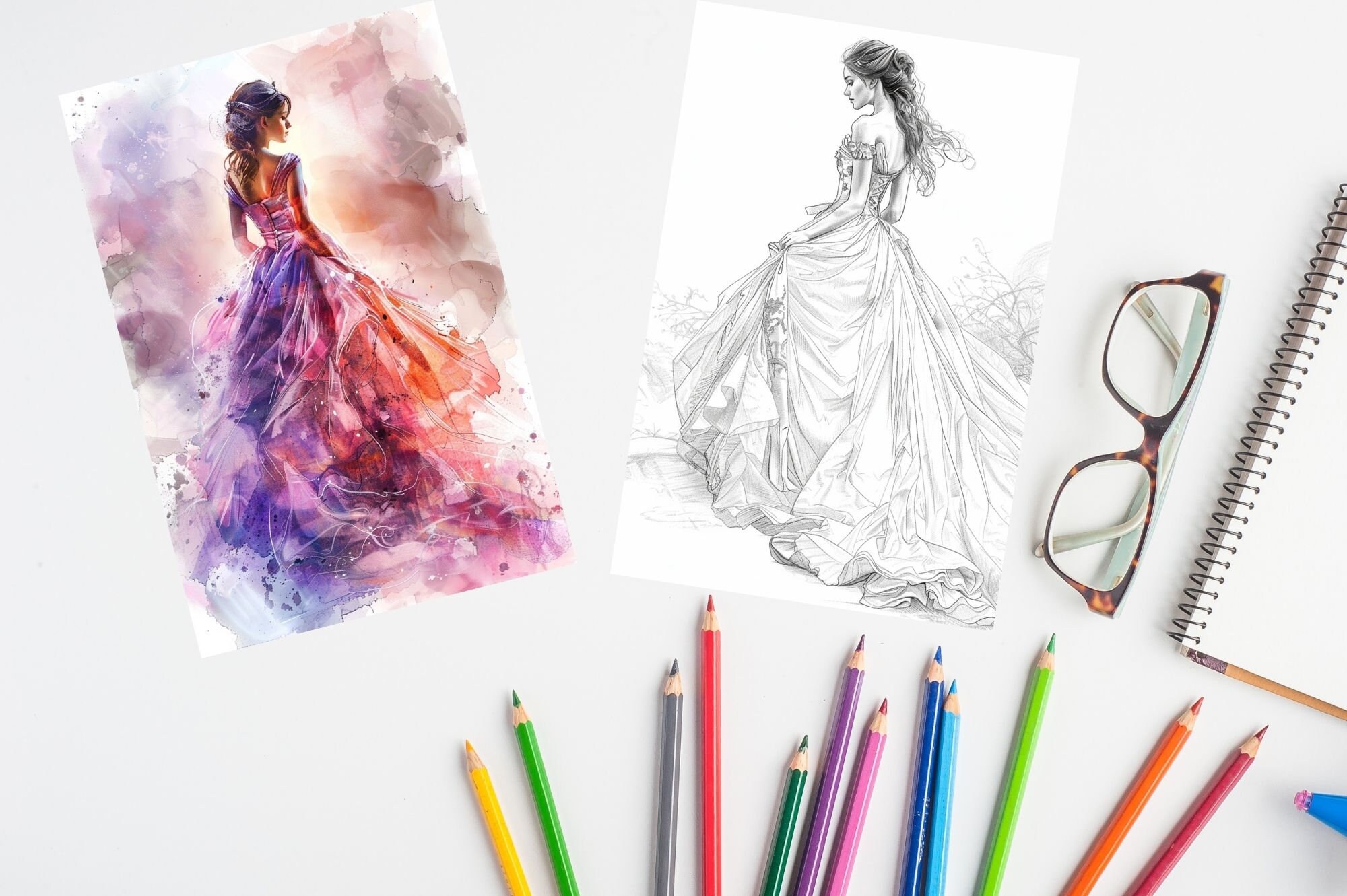 Princess With Ball Gown Coloring Digital Book, Ball Gown Grayscale ...