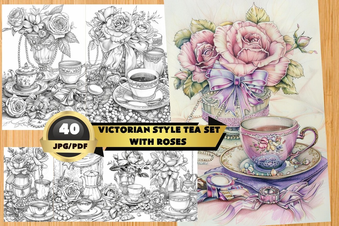 Victorian Style Tea Set With Roses Digital Coloring Book, Floral Tea ...