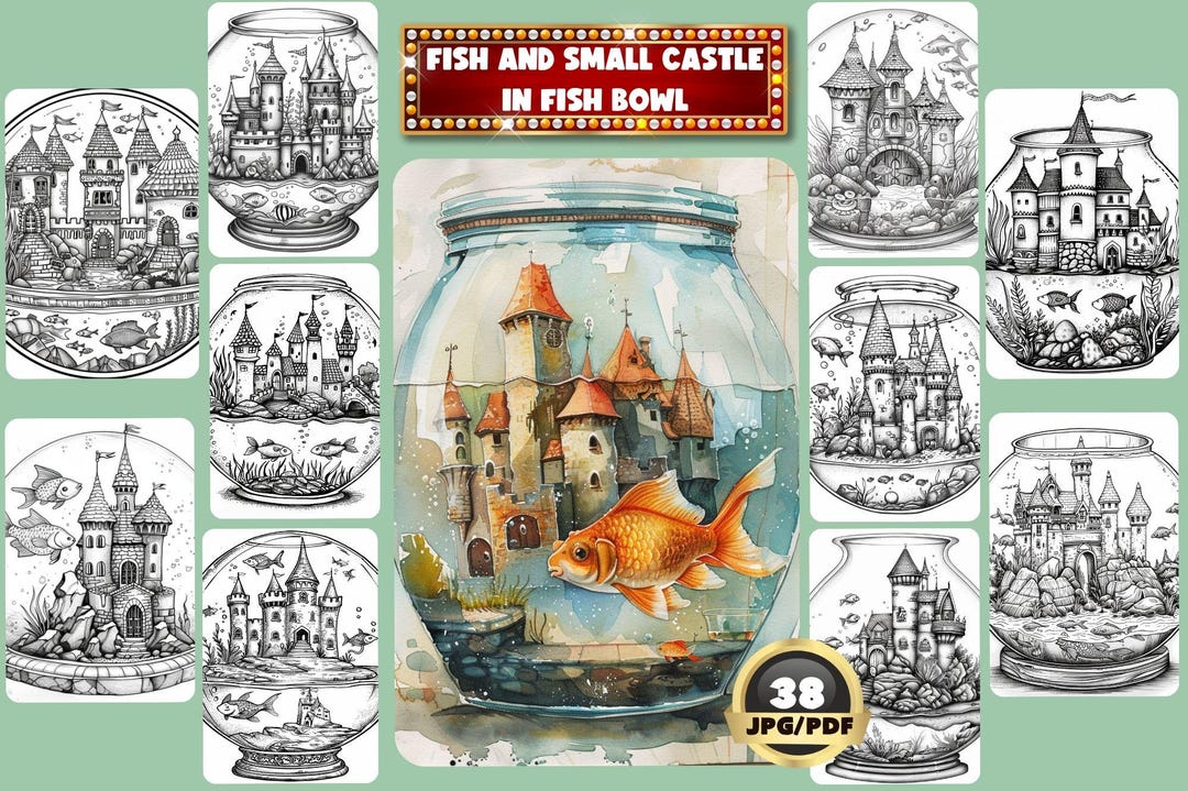 Fish and Small Castle in Fish Bowl Coloring Book, Fish Tank Coloring ...