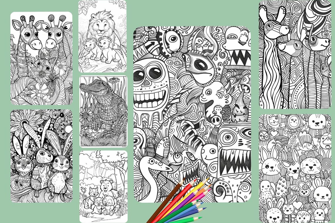 Doodle Animal Family Coloring Book: Grayscale Printable (PDF) - Etsy