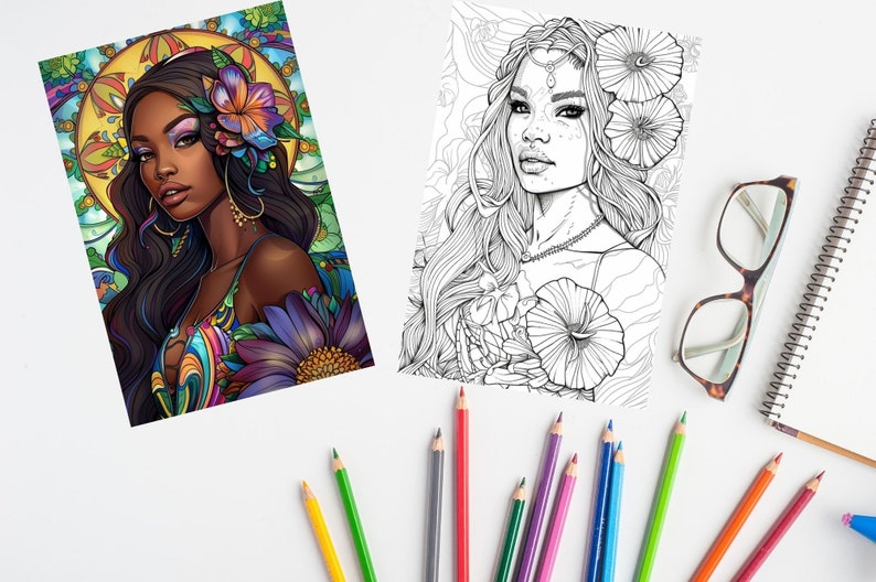 Floral Long Hair African Girl Coloring Pages, Fantasy Women Coloring ...