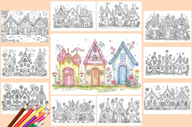 Kawaii Mini Houses Frontside Colorıng Book, Cartoon House, Digital ...
