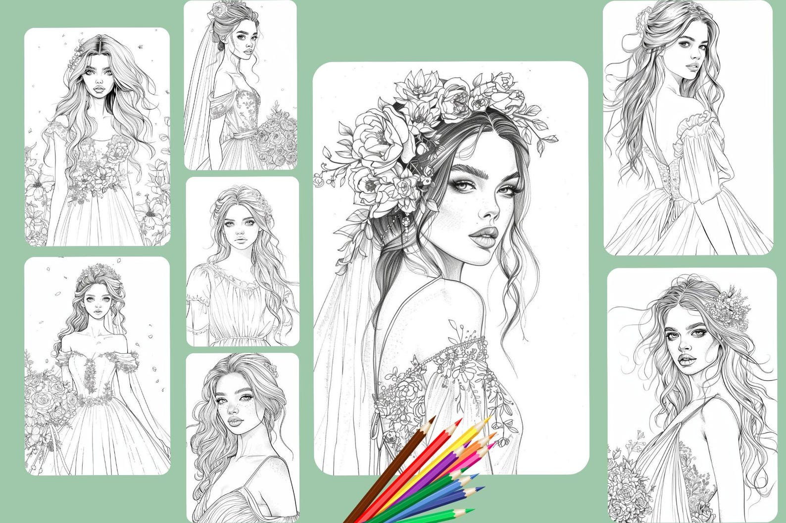 Woman Wearing Wedding Dresses Colorıng Book, Beautiful Bride Coloring ...