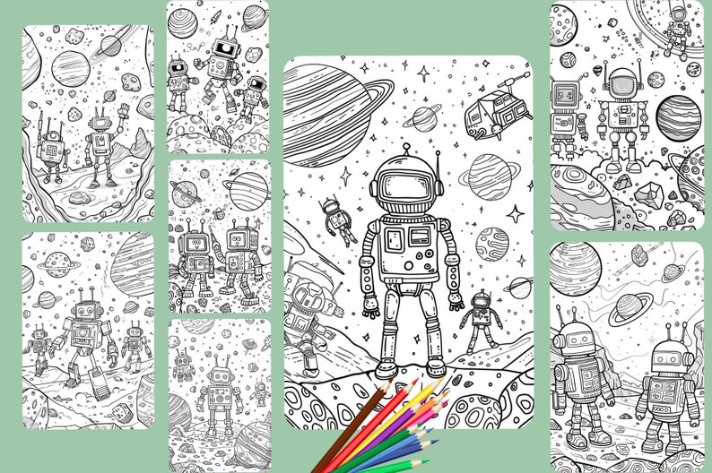 Robots Exploring Planets Digital Coloring Book, Doodle Coloring ...