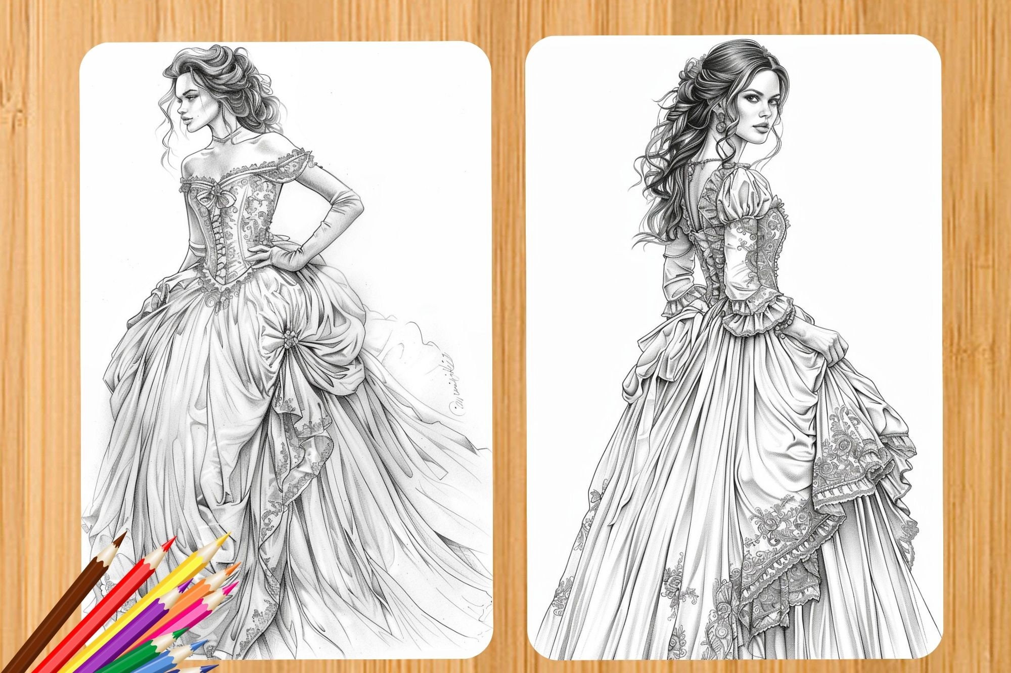 Princess With Ball Gown Coloring Digital Book, Ball Gown Grayscale ...