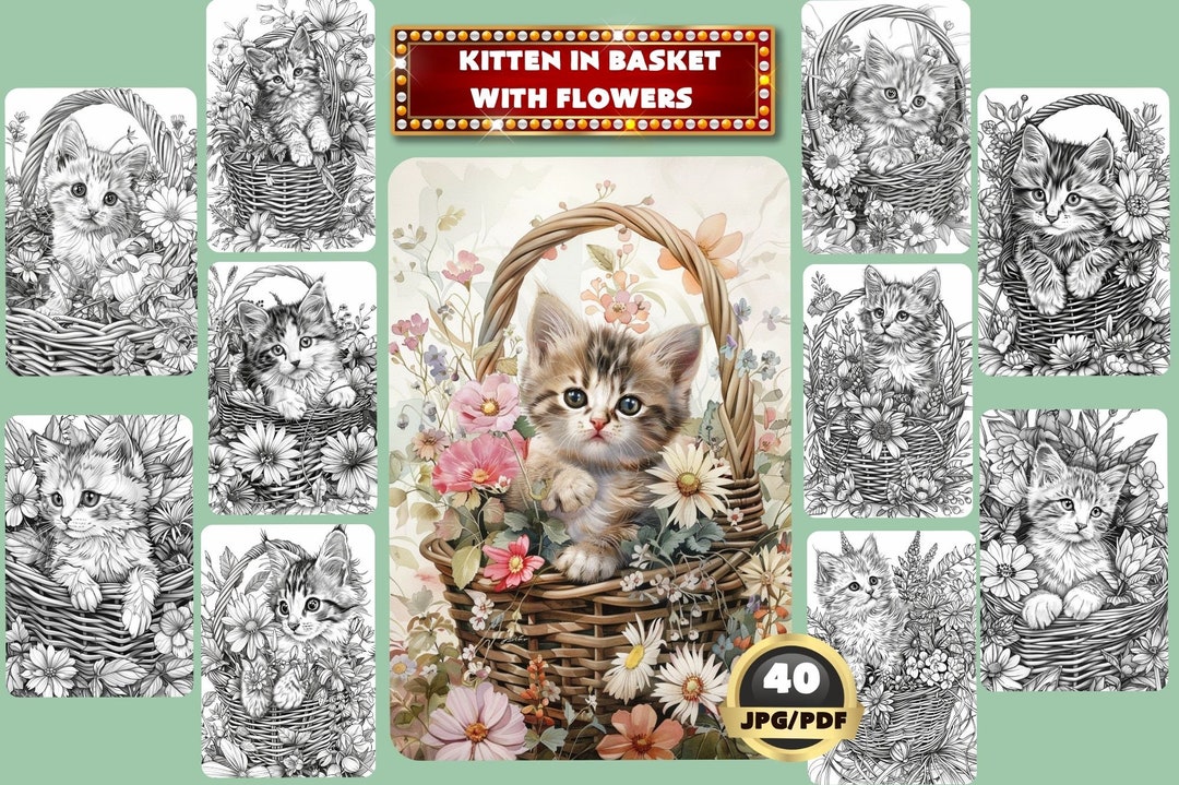 Kitten in Basket With Flowers Coloring Book, Cat in Basket Coloring ...