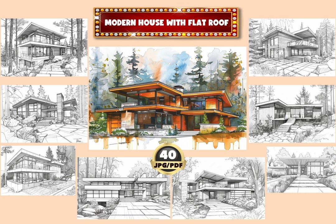 Modern Flat Roof House Coloring Book: Architect Designs (printable PDF ...