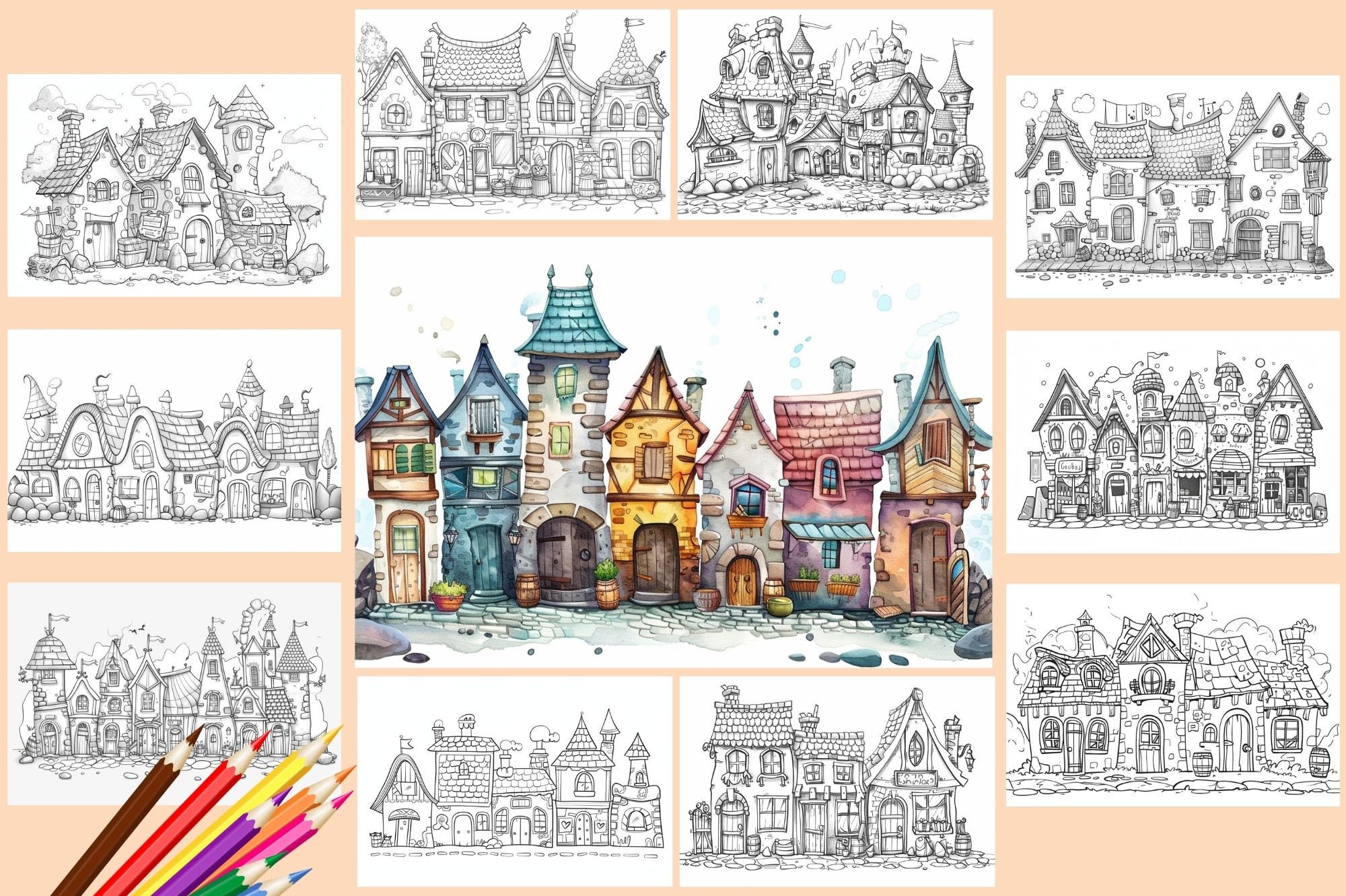 Cute Cartoon House Coloring Book, Printable Coloring Pages, Grayscale ...