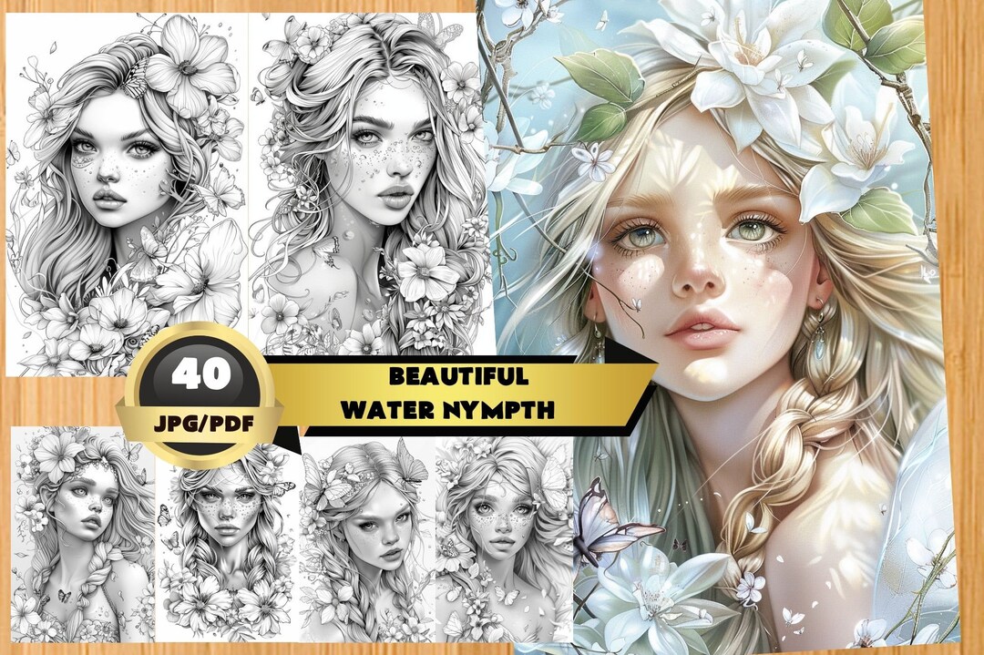 Beautiful Water Nympth Coloring Book, Floral Hair Water Sprite Coloring ...