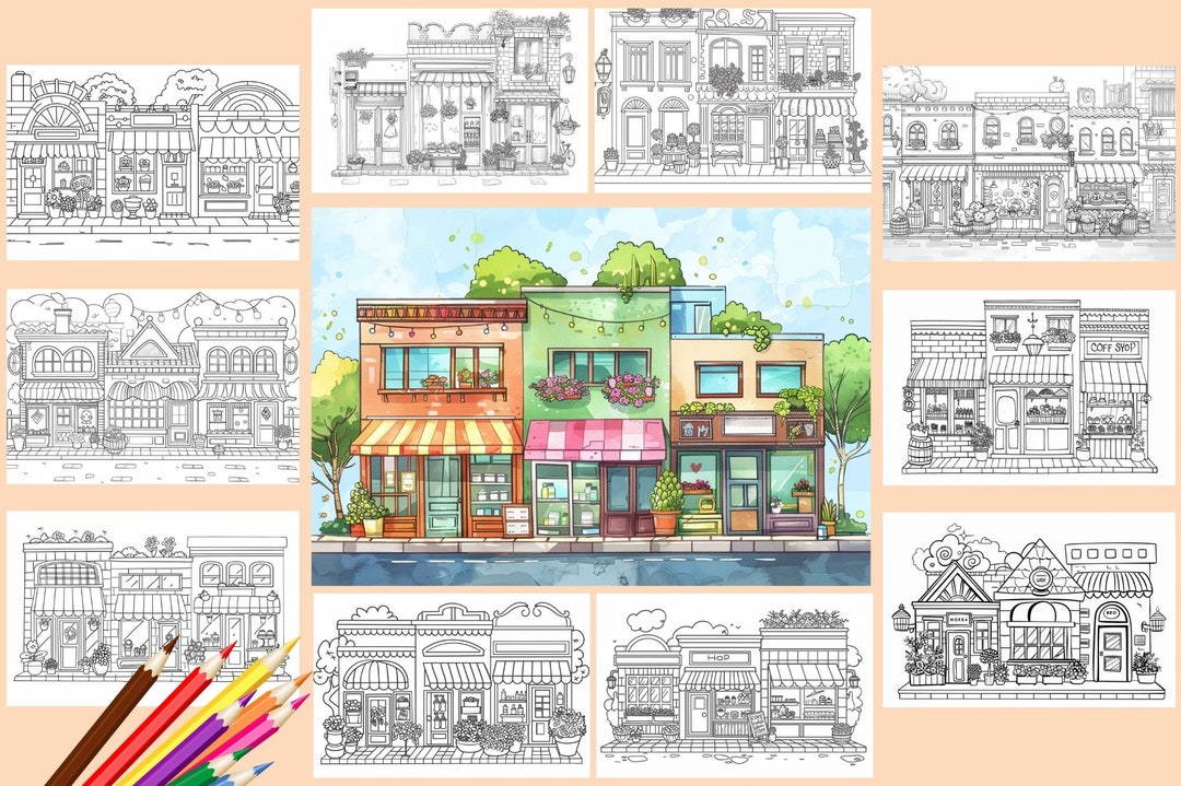 Cute Storefront Coloring Book, Grayscale Coloring, Shophouse Coloring ...
