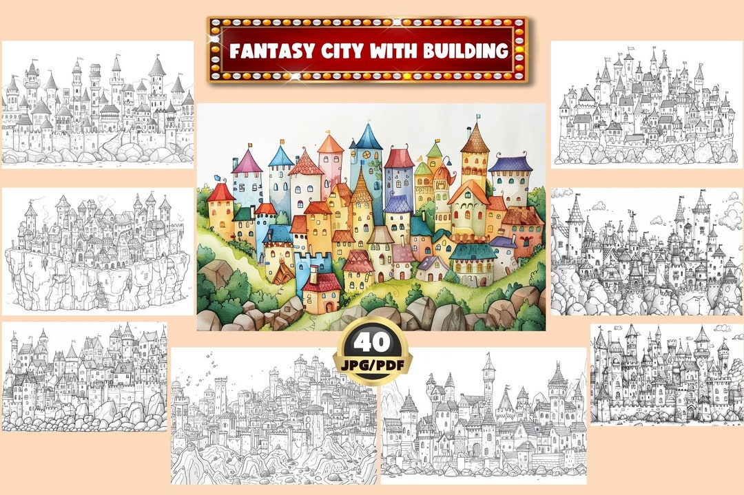 Fantasy City With Building Digital Coloring Book, Landscape Coloring ...