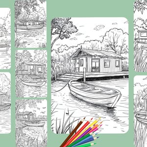 House and Boat Coloring Book, Digital Coloring, Lake House Coloring ...