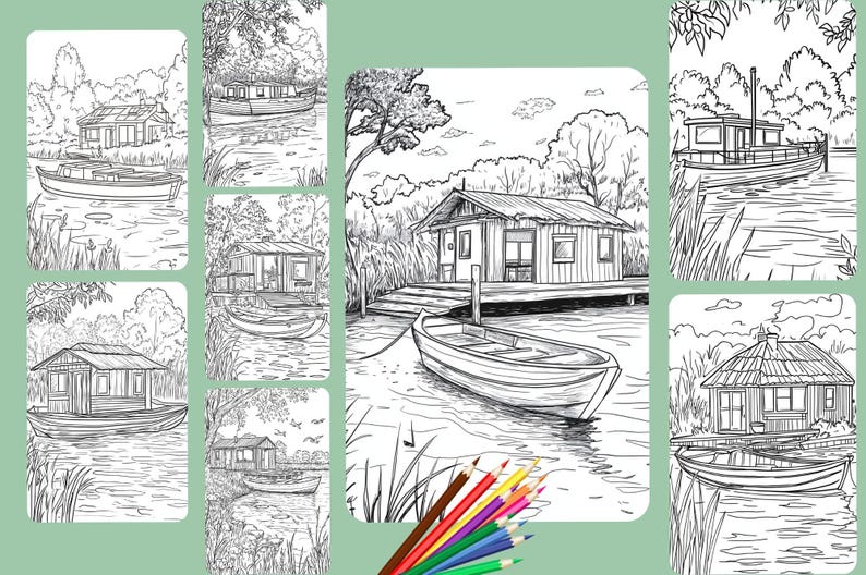 House and Boat Coloring Book, Digital Coloring, Lake House Coloring ...