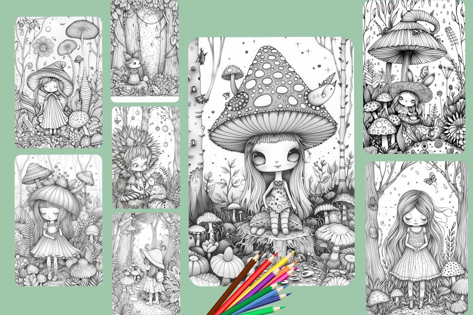 Cute Magic Forest Coloring Book Printable, Grayscale Coloring Digital ...