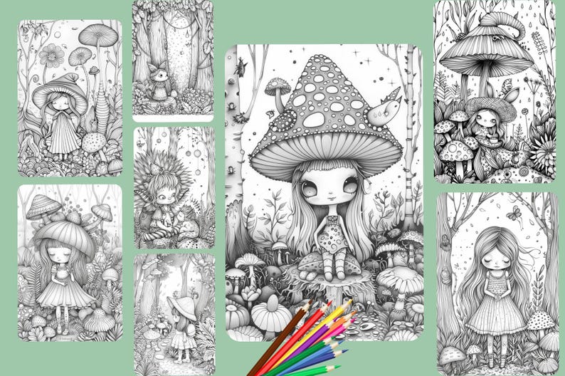 Cute Magic Forest Coloring Book Printable, Grayscale Coloring Digital ...