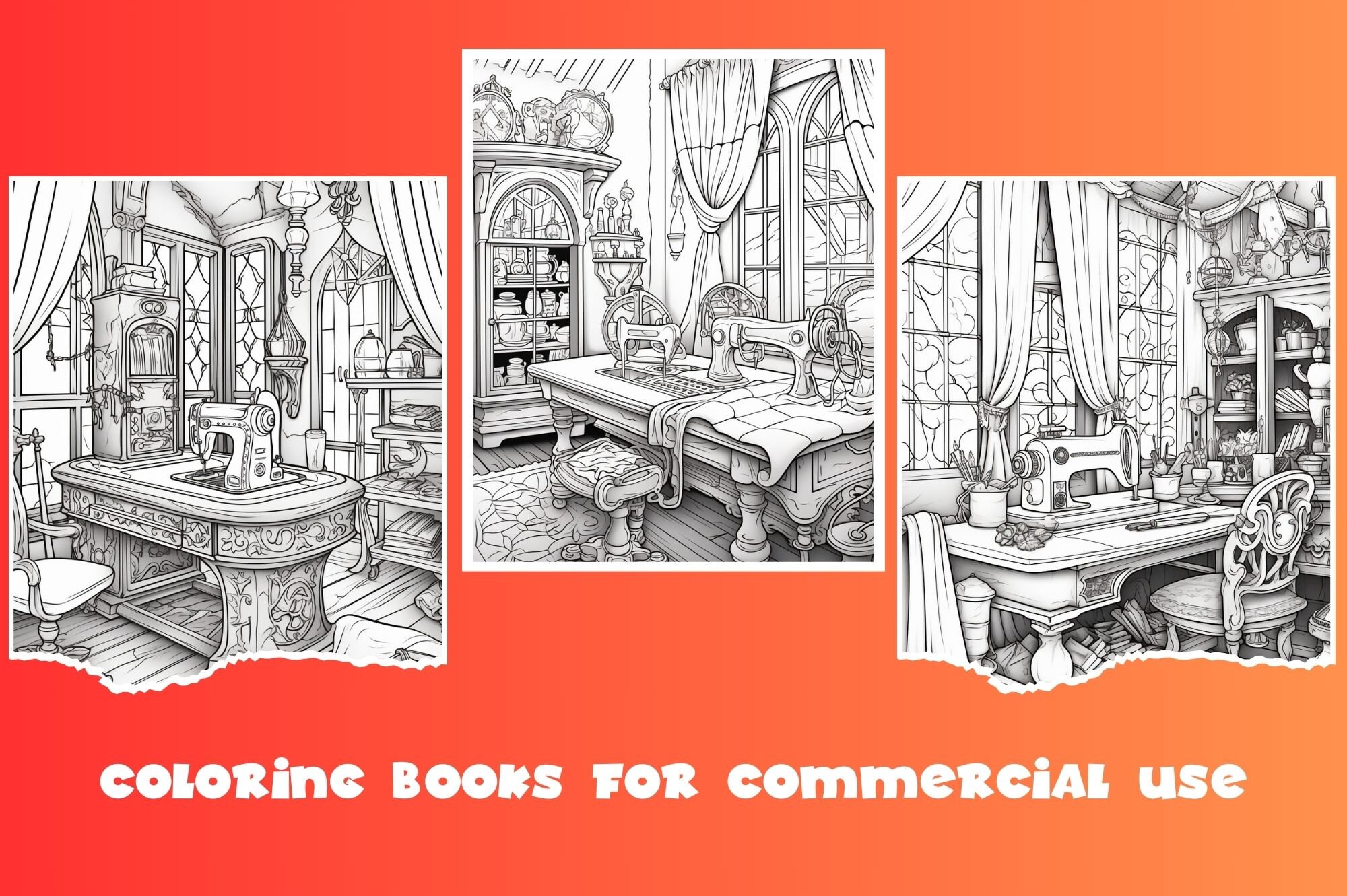 Vintage Style Sewing Studio Coloring Page, Interior Design Coloring ...