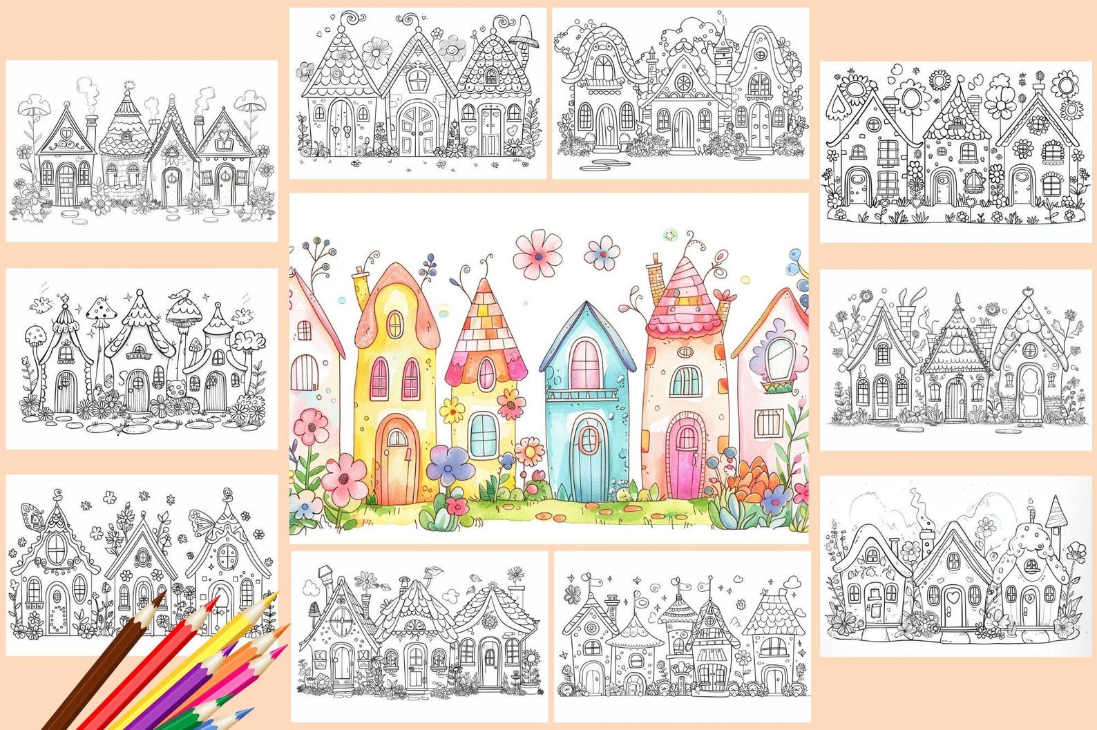 Kawaii Mini Houses Frontside Colorıng Book, Cartoon House, Digital ...