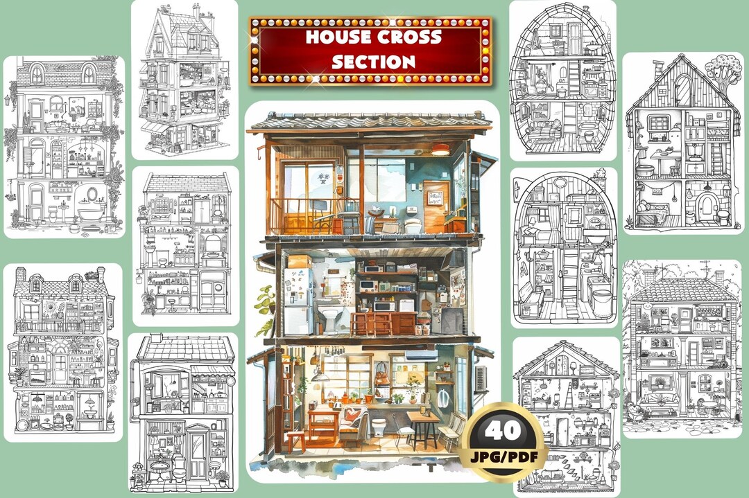 House Cross Section Digital Coloring Book, Architect Coloring, House ...