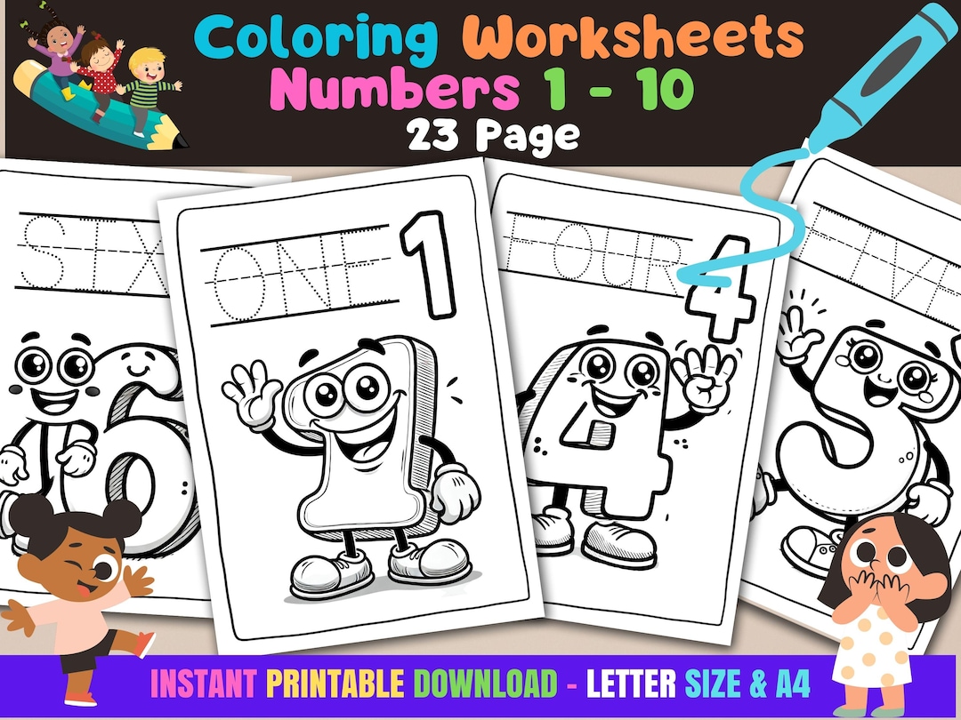 Numbers 1-10 Coloring Worksheets, Kids Numbers Coloring, Fun Number 1 ...