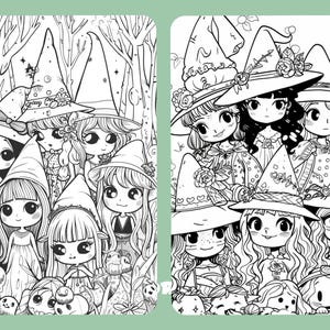 Kawaii Cute Witches Digital Coloring Book, Halloween Coloring, Relaxing ...