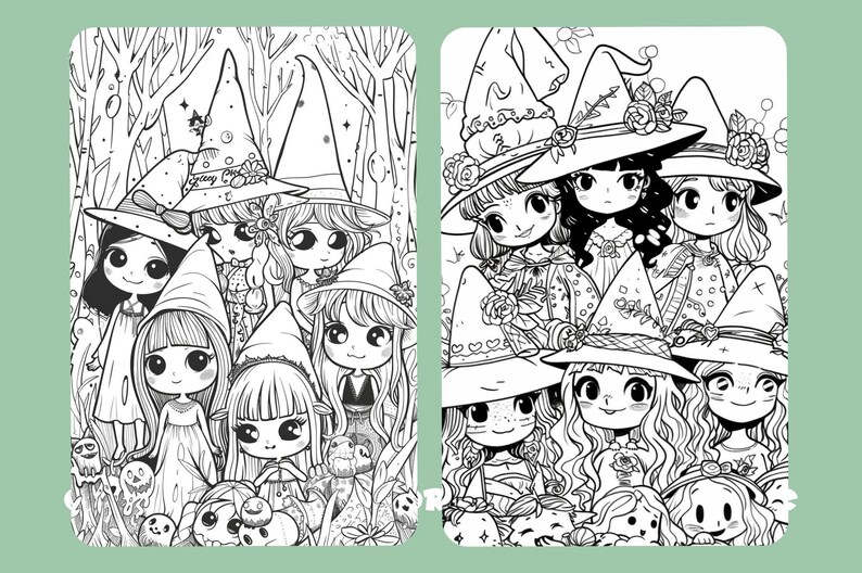 Kawaii Cute Witches Digital Coloring Book, Halloween Coloring, Relaxing ...
