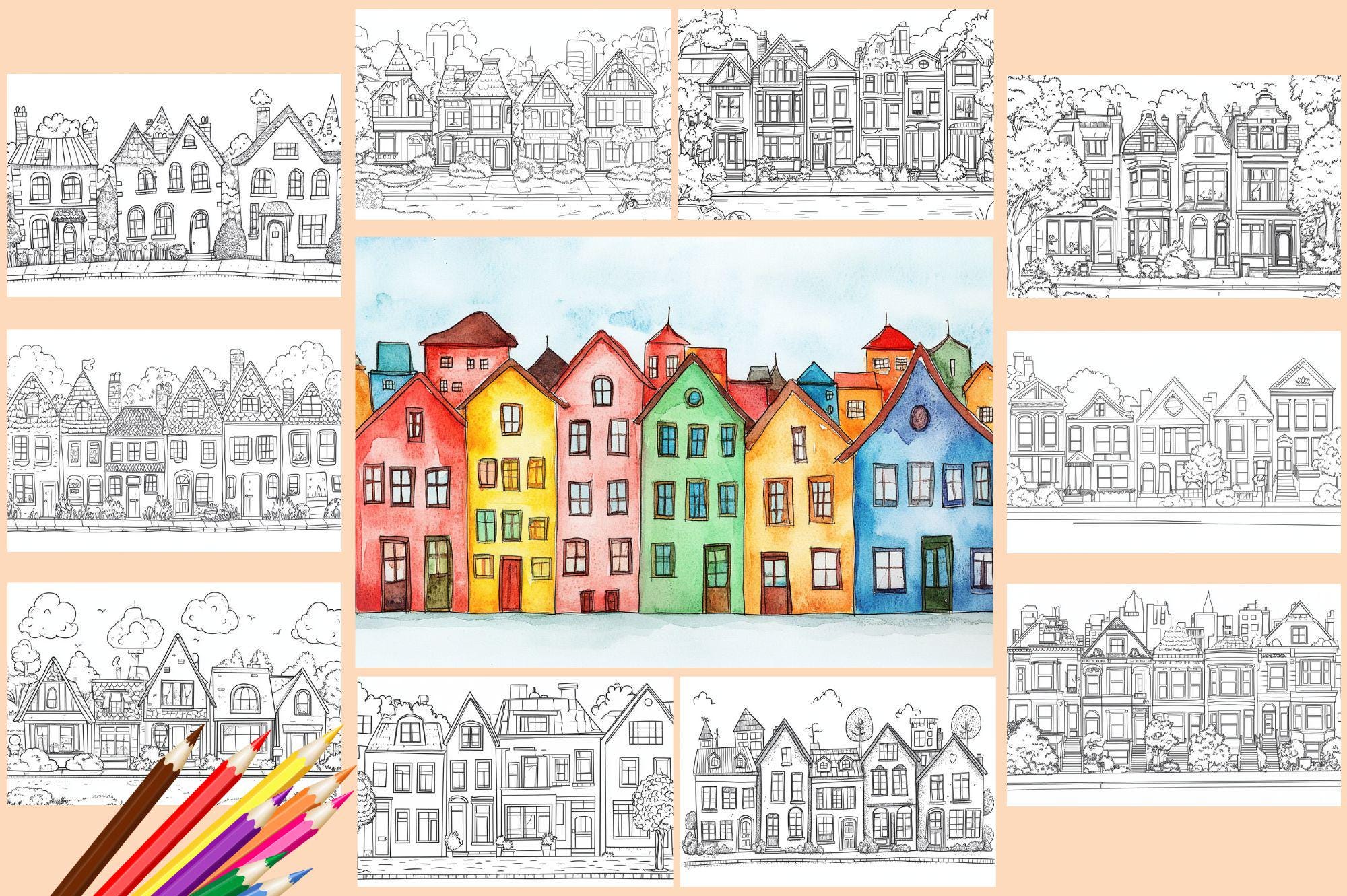 Kawaii Houses Digital Coloring Book, Storefront Coloring Page, Home ...