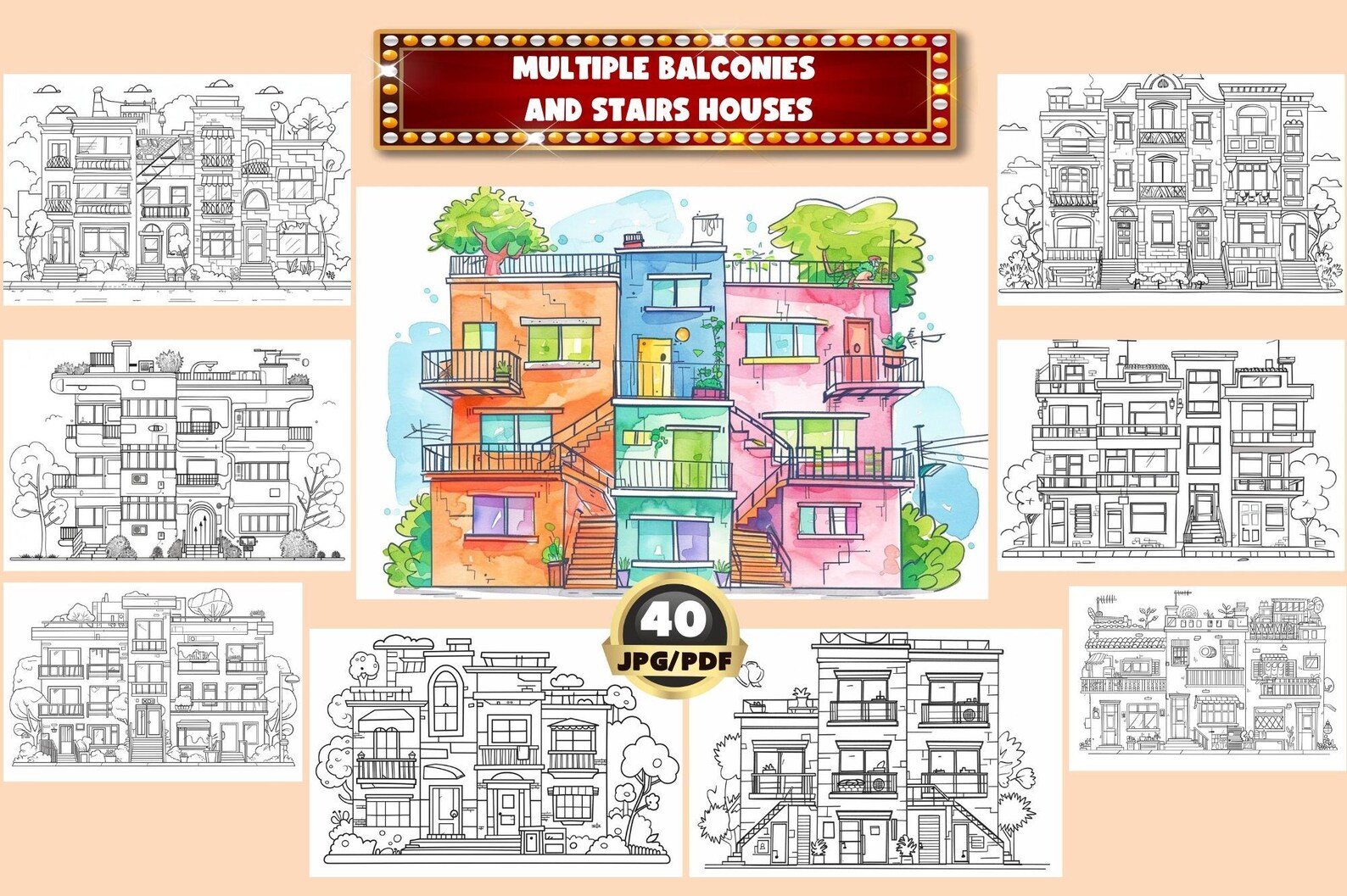 Multiple Balconies and Stairs House Coloring Book, House and Building ...
