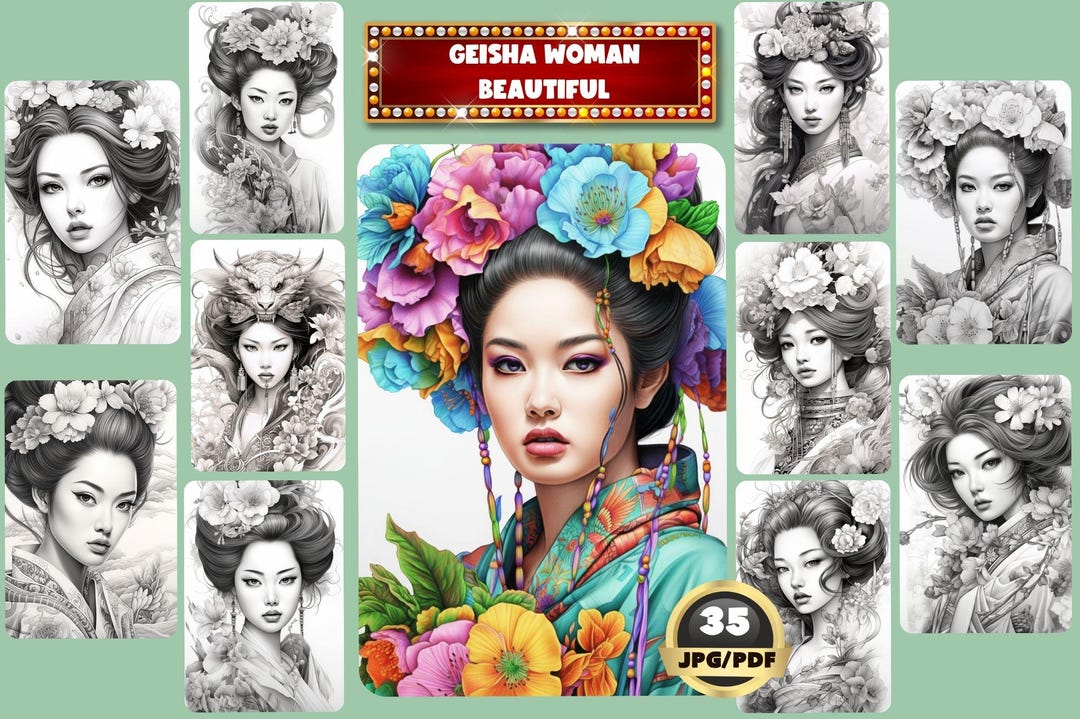 Geisha Woman Coloring Book: Grayscale Kimono Portraits (digital ...