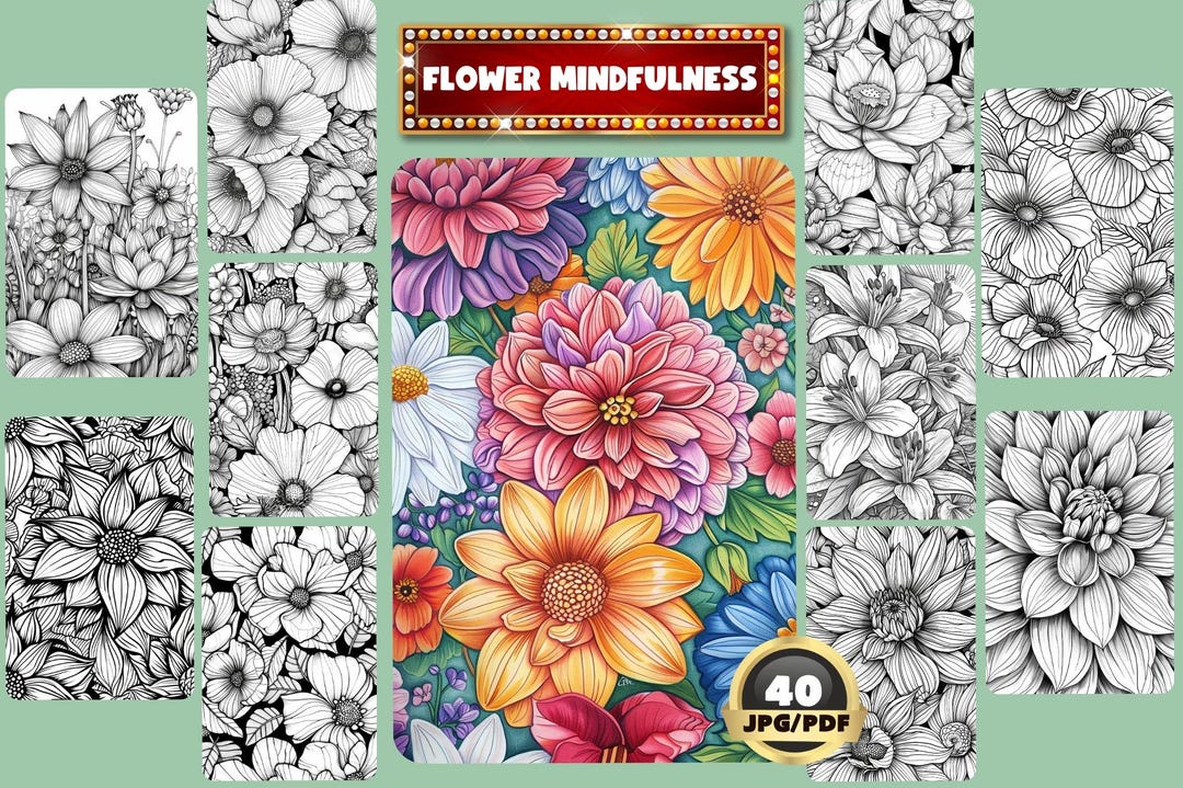 Flower Coloring Book: Mindfulness Grayscale Art (printable PDF) - Etsy