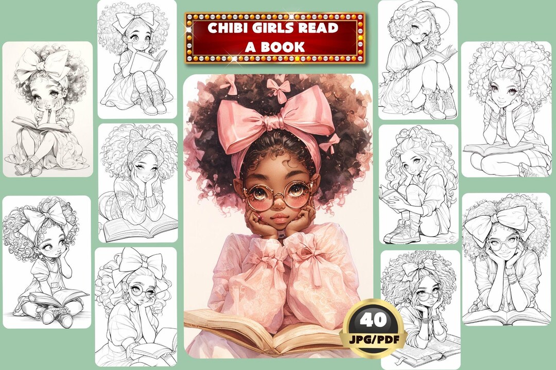 Chibi Girls Read A Book Coloring Book, Kawaii Anime Chibi Girl, Instant ...
