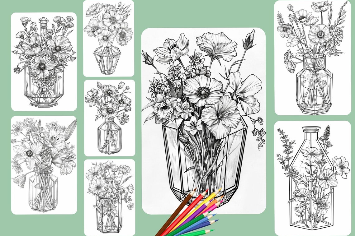 Floral Coloring Book: Flowers in Glass, Grayscale Art (printable PDF ...