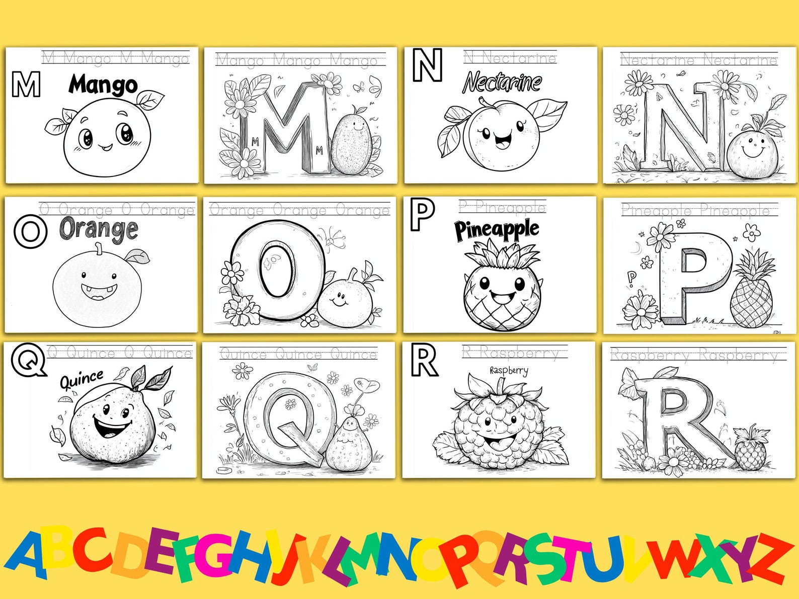 Alphabet ABC Fruit Coloring Book for Kids, A to Z Worksheet, ABC Fun ...